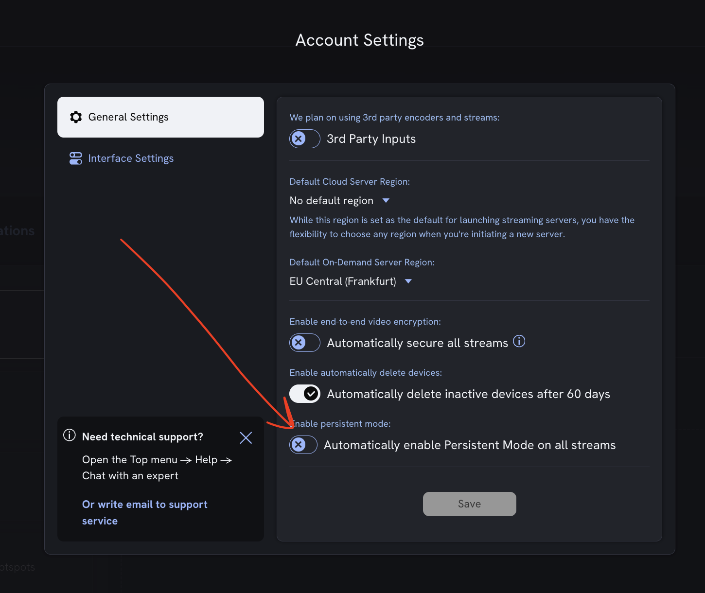 How to enable/disable Persistent (auto-streming feature on destinations) mode by default?