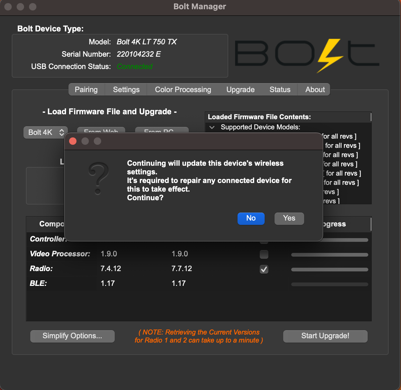 Bolt 4K and 6 Radio Component Update Failure